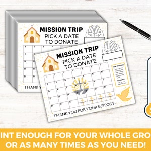 Mission Trip Fundraiser Calendar, Pick a Date to Donate Calendar, Cash ...