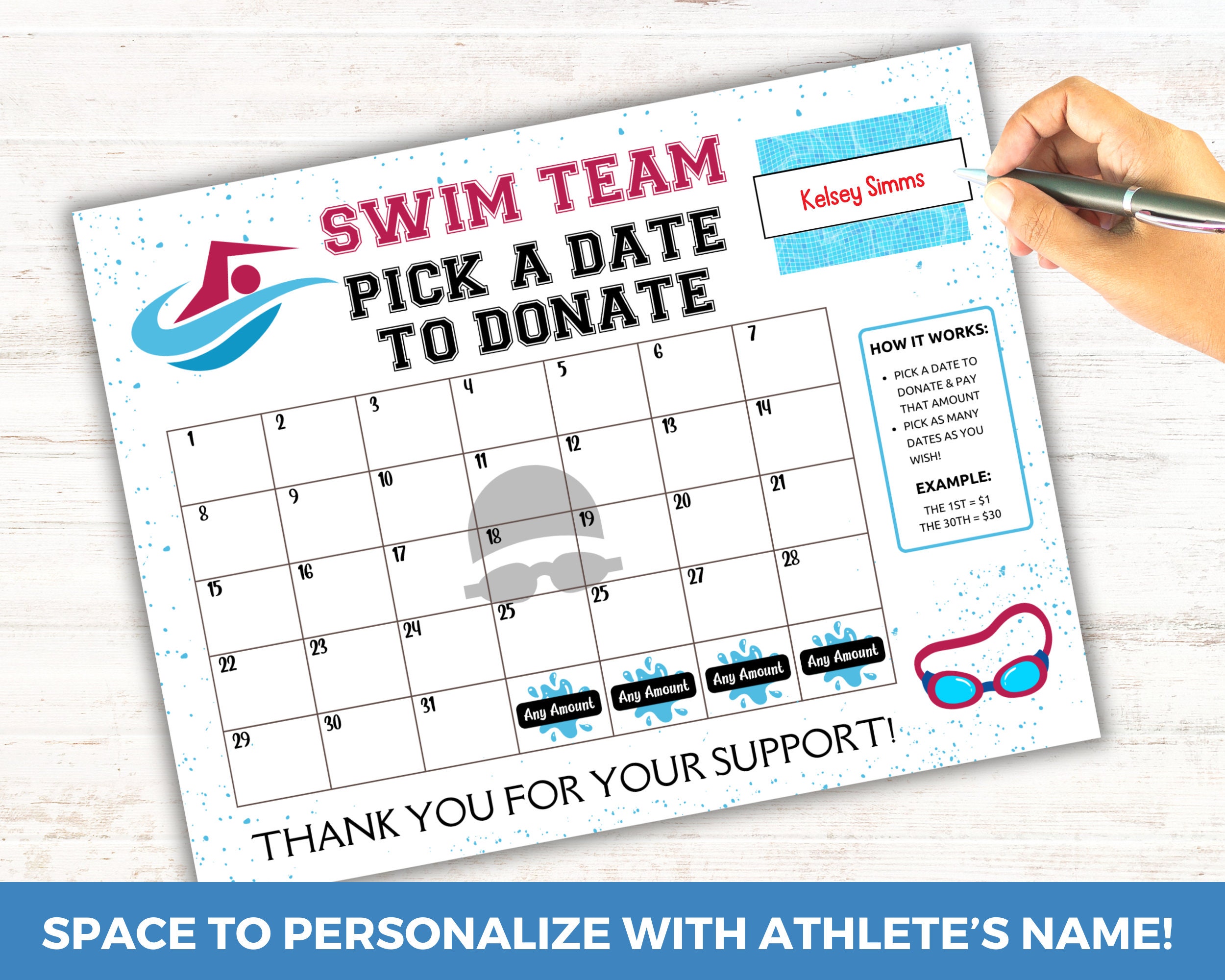 Swim Team Fundraiser Calendar, Pick a Date to Donate Calendar, Cash ...
