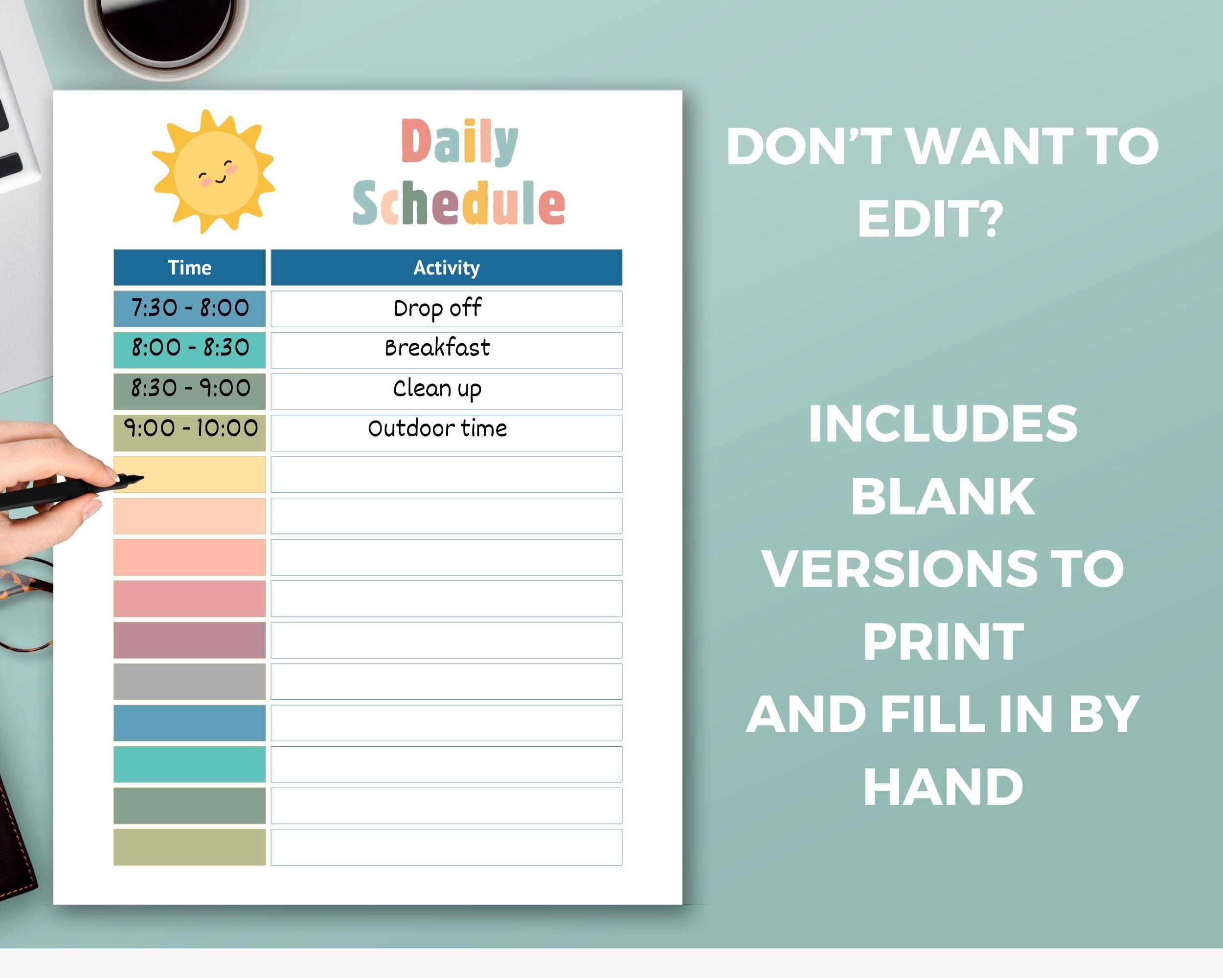 Daily Daycare Schedule for Pre-k, Editable Kids Daily Schedule Template ...