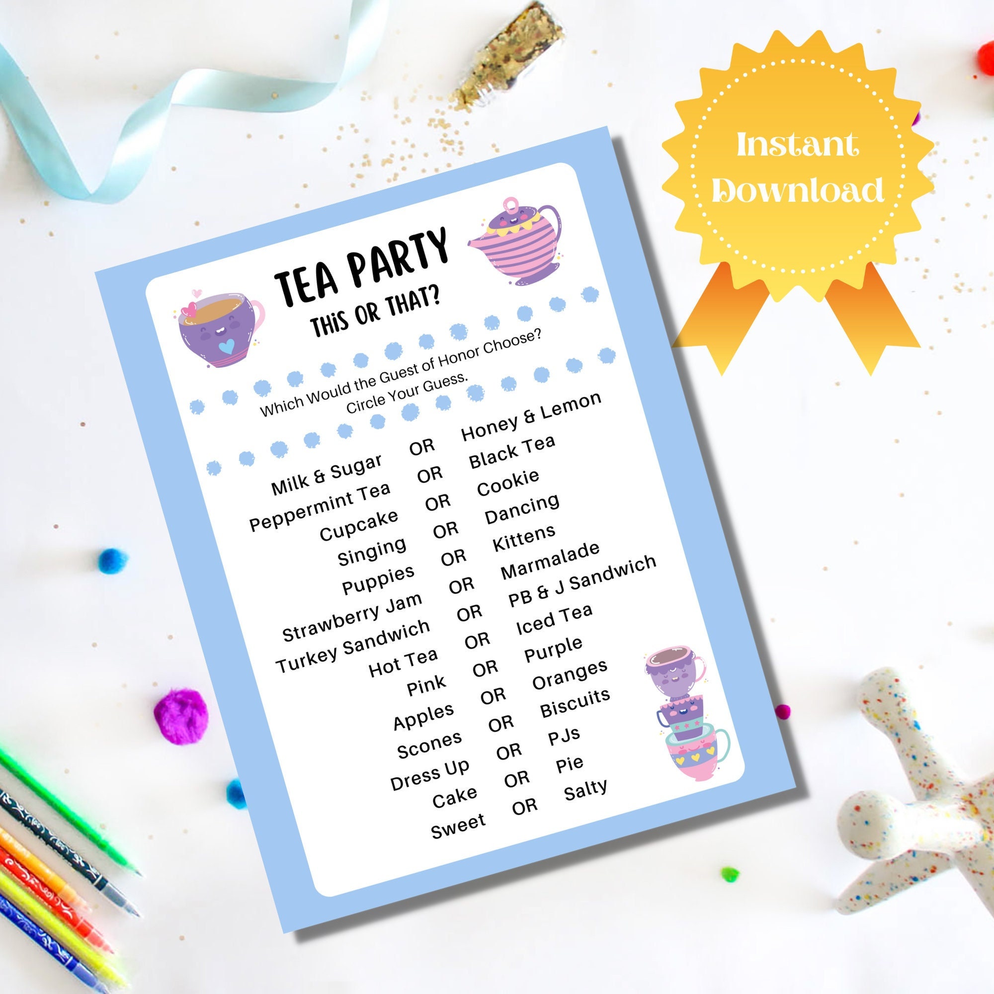 This or That Tea Party Game, INSTANT Download, Tea Party Games for Kids ...
