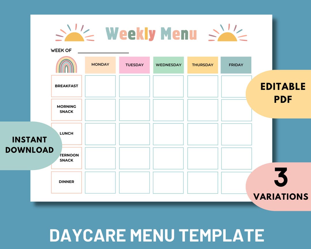 Home Daycare Weekly Menu Editable, Weekly Meal Planner, Preschool Menu ...