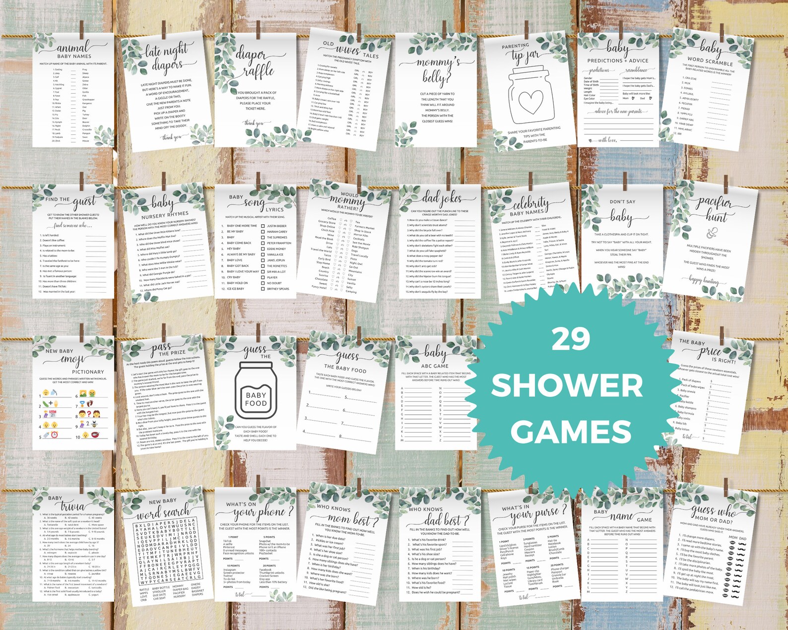 Greenery Baby Shower Game Bundle, Eucalyptus Baby Shower Games, Gender ...