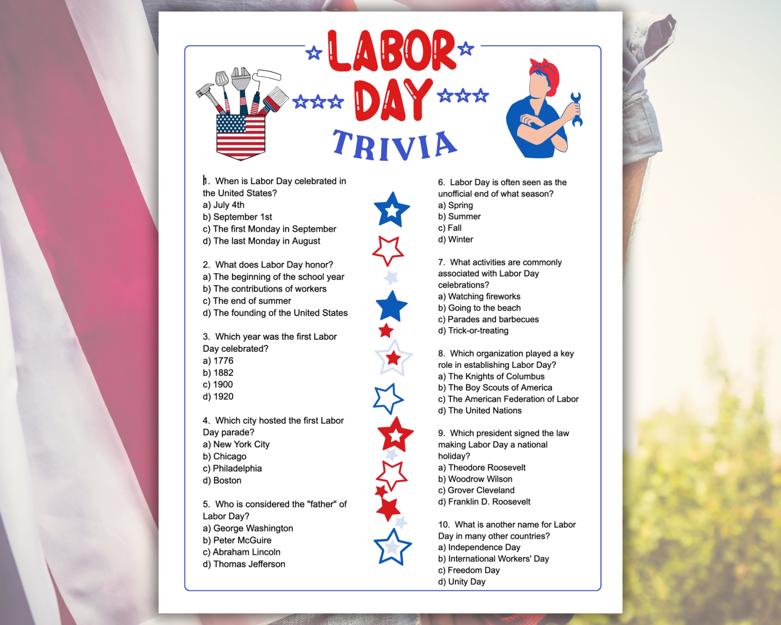 Labor Day Trivia Game, Labor Day Activity, End of Summer Game, Labor ...