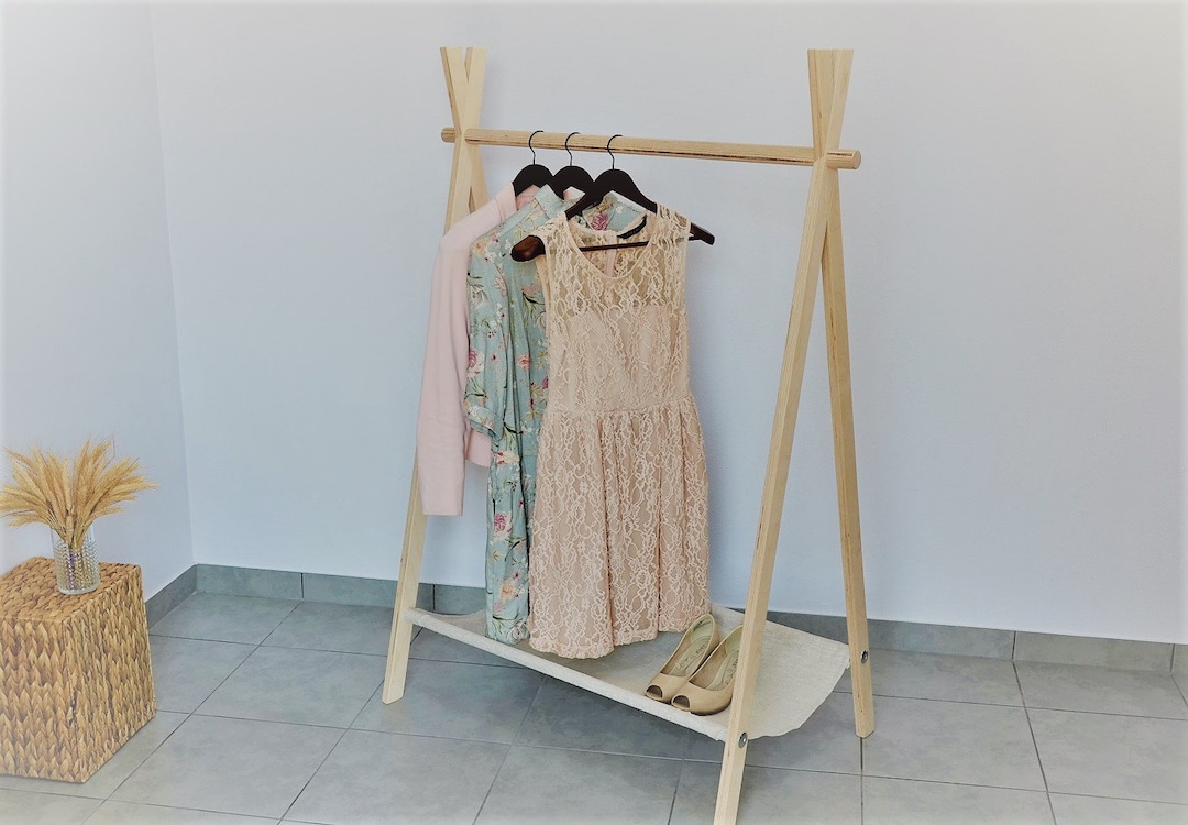Clothes Rack With Canvas Shelf, Wooden Dress up Storage, Fold up A ...