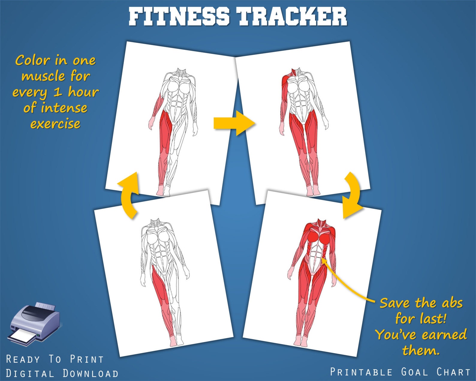 Printable Fitness Goal Tracker Workout Tracker, Coloring Muscle Chart ...