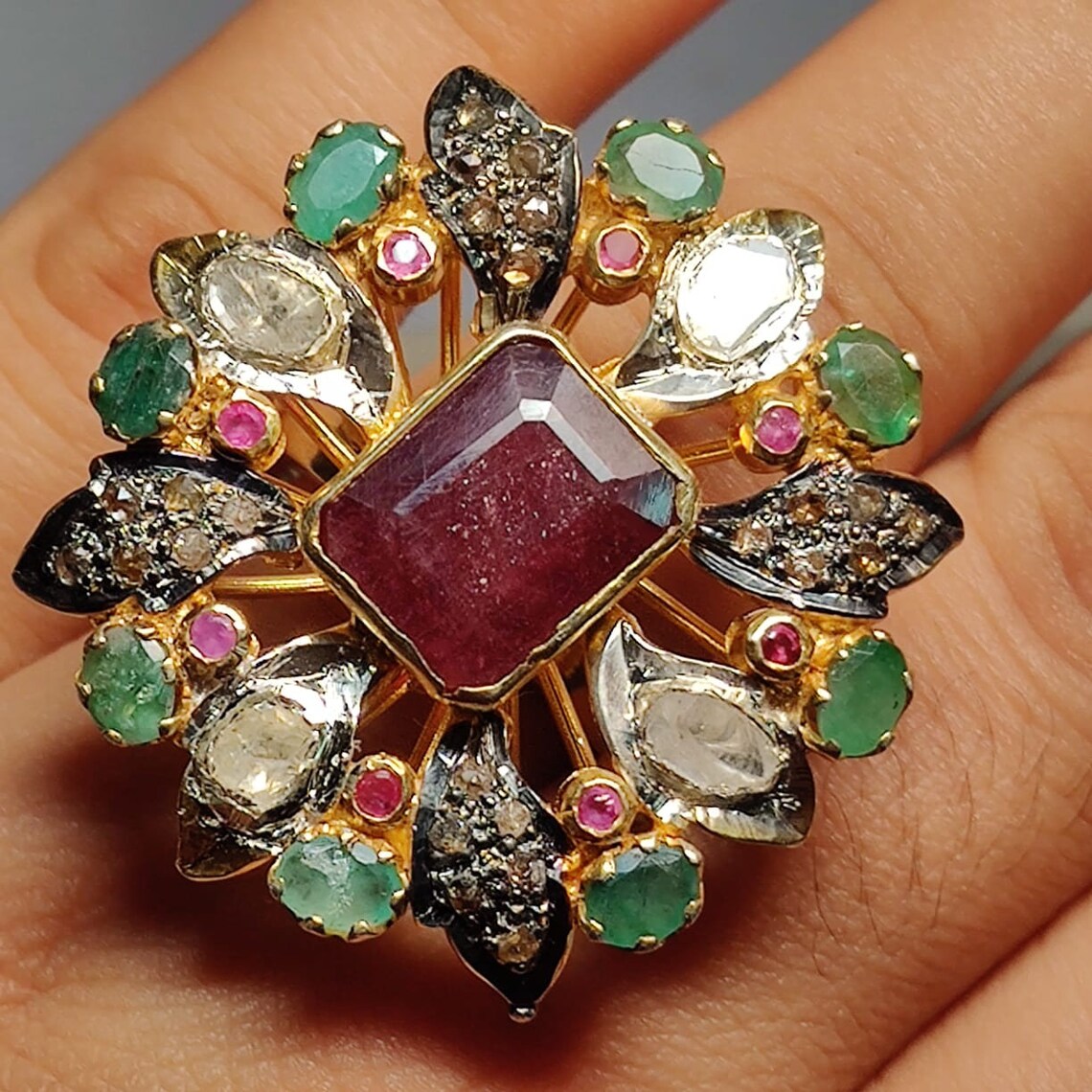 Natural Ruby Polki Diamond Ring, Genuine Pave Diamond Ring, Victorian ...