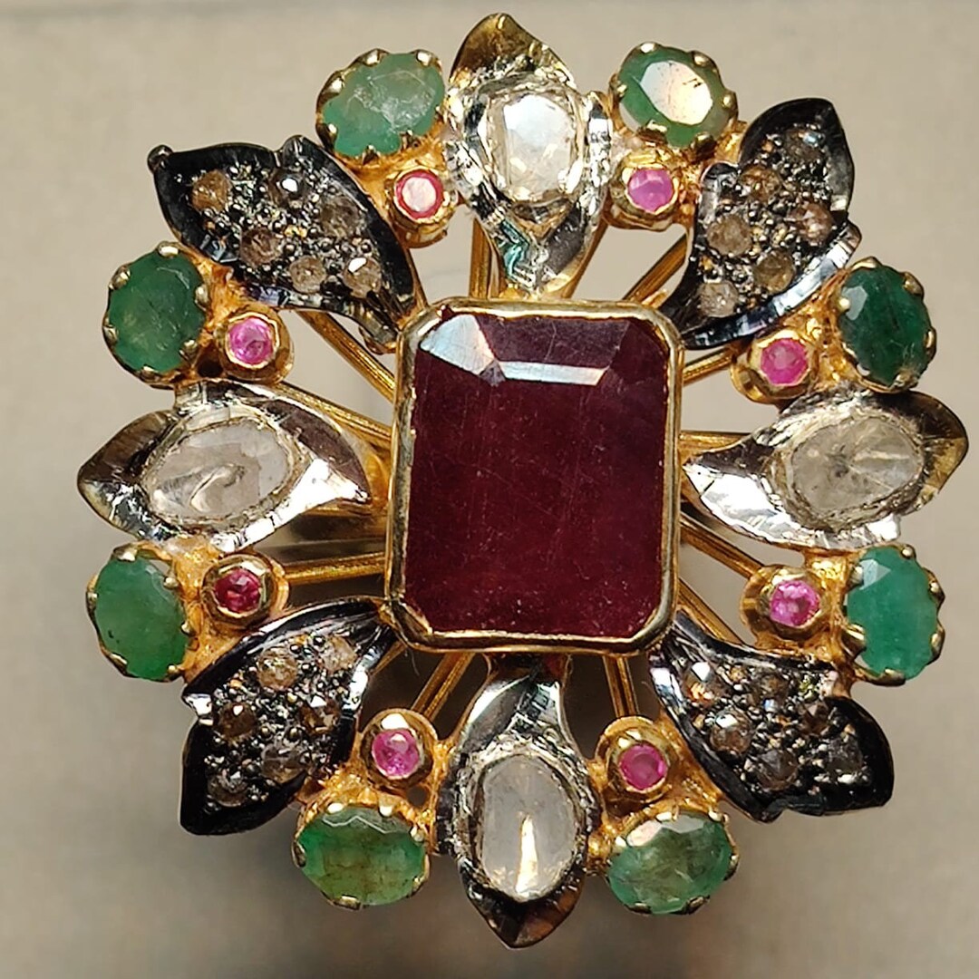 Natural Ruby Polki Diamond Ring, Genuine Pave Diamond Ring, Victorian ...