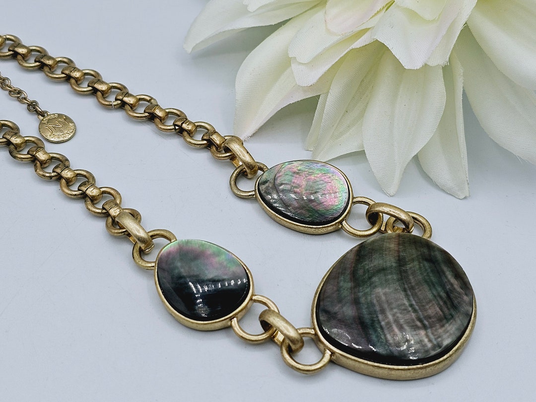 Vintage Signed JNY Jones New York Necklace Abalone Shell Gold Tone Book ...
