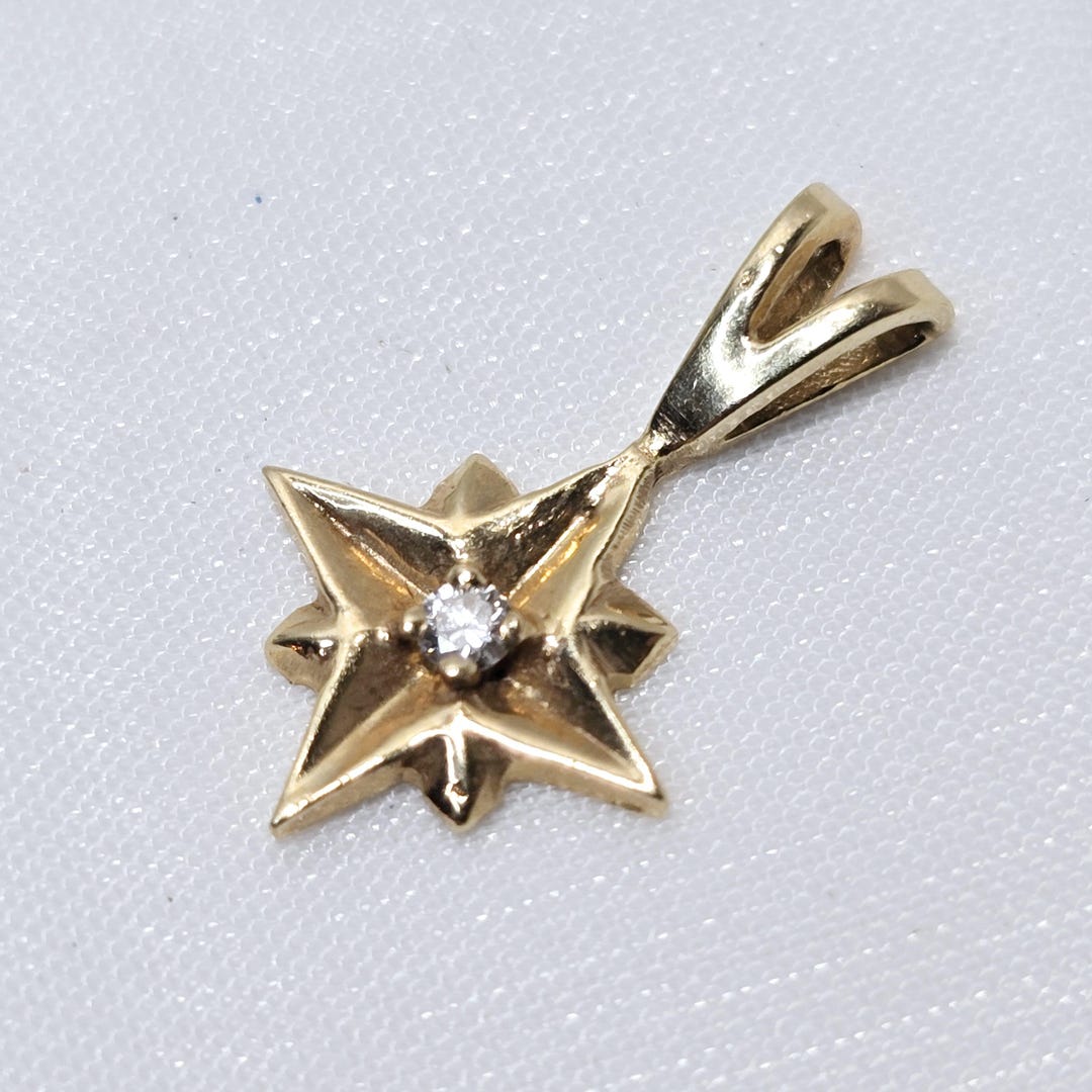Vintage 14K Gold 8 Point Star Pendant With Real Diamond - Octagram Star ...