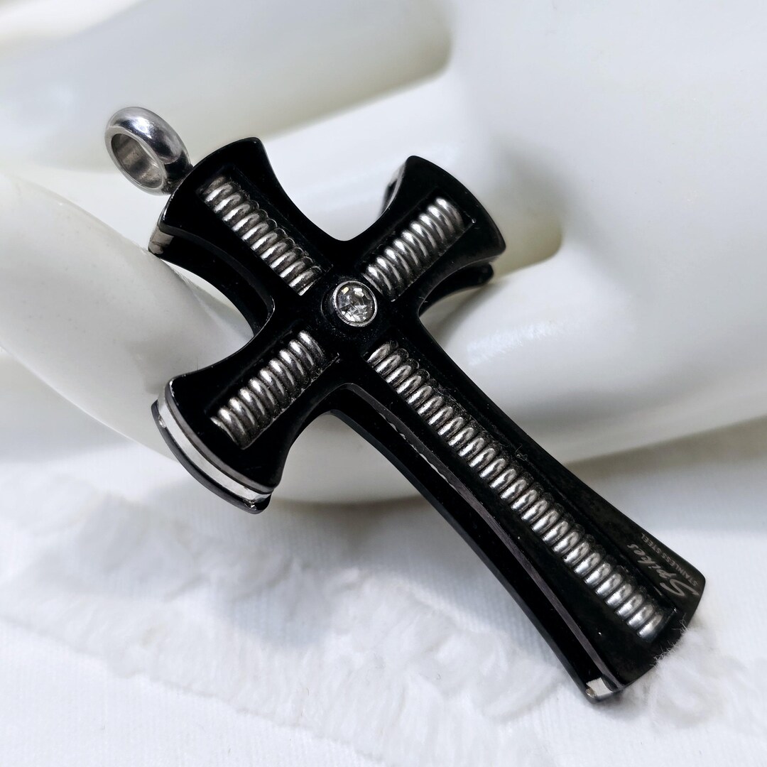 Vintage Spikes Stainless Steel Cross Pendant Necklace - Silver & Black ...