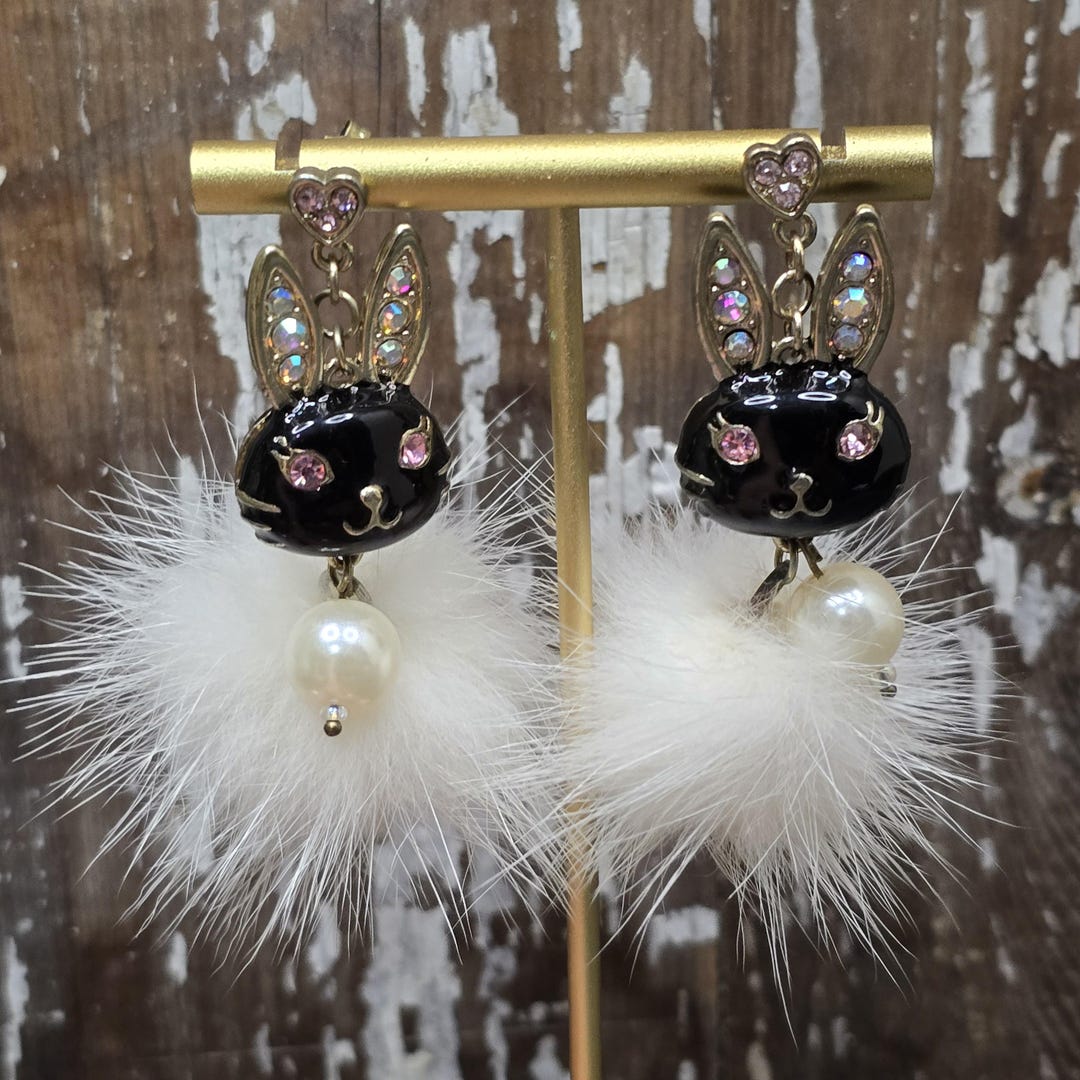 Vintage Signed Anna Sui Fury Rabbit Earrings With Aurora Borealis ...
