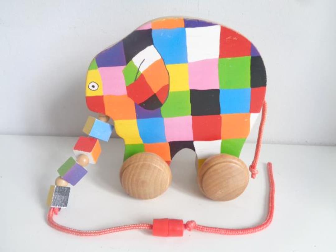 Elmer the Patchwork Elephant Wooden Pull Along Wibbly Wobbly Toy - Etsy