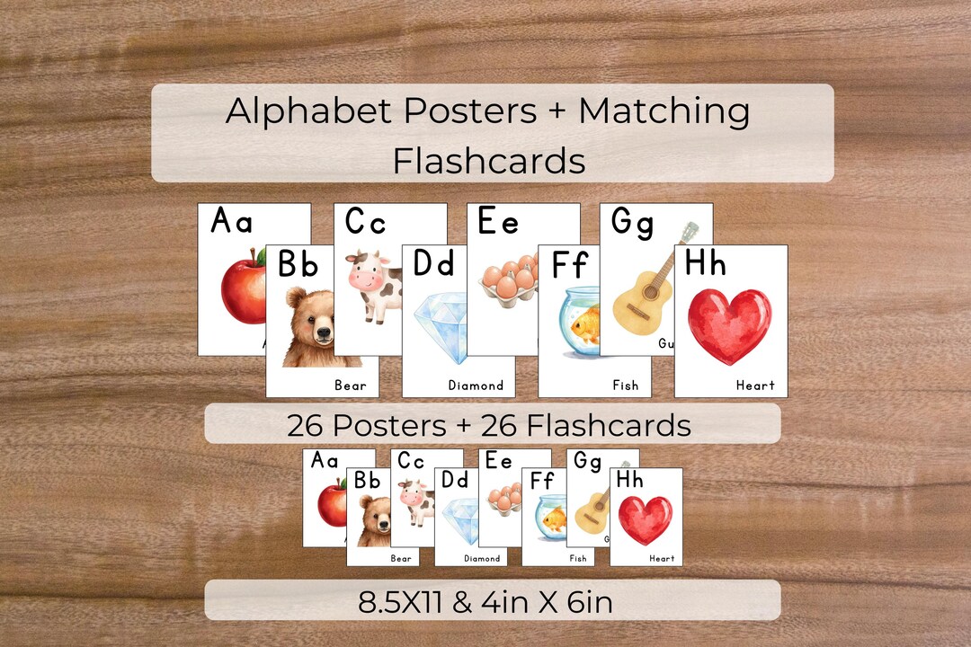Alphabet Posters and Flashcards Bundle, Watercolor ABC Printable Set ...