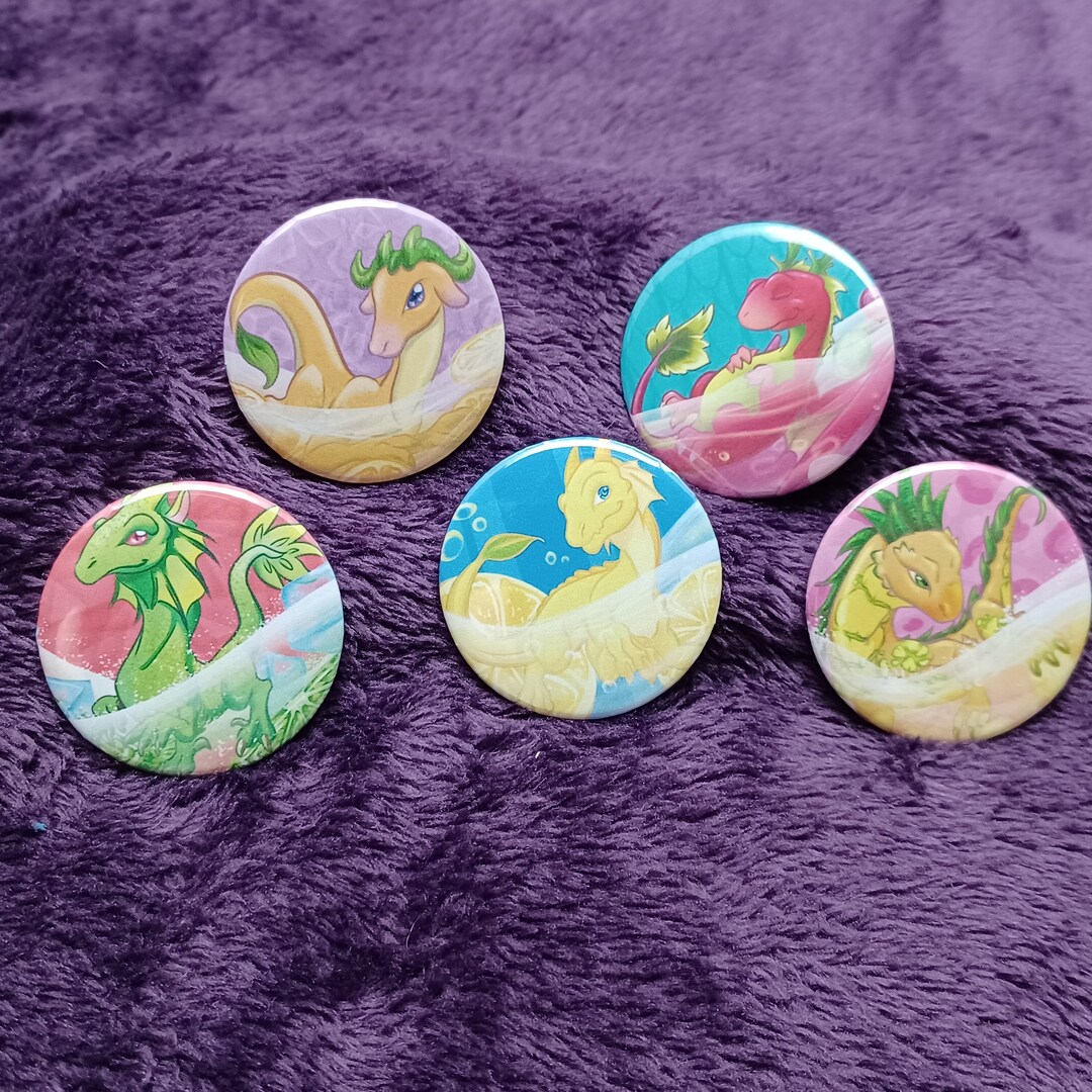 Juice Drink Dragons Set 1 - Medium (1.45in) Button Pins - Set of 5 - Etsy