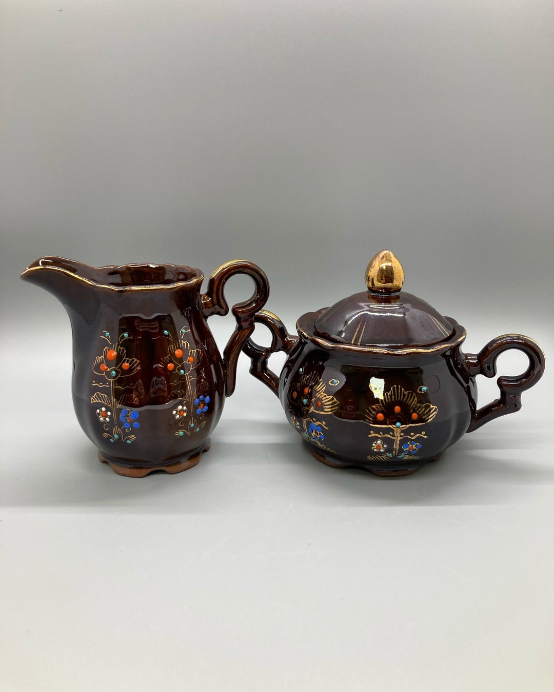 MCM Vintage Japanese Redware Brown Glazed Creamer and Sugar With ...