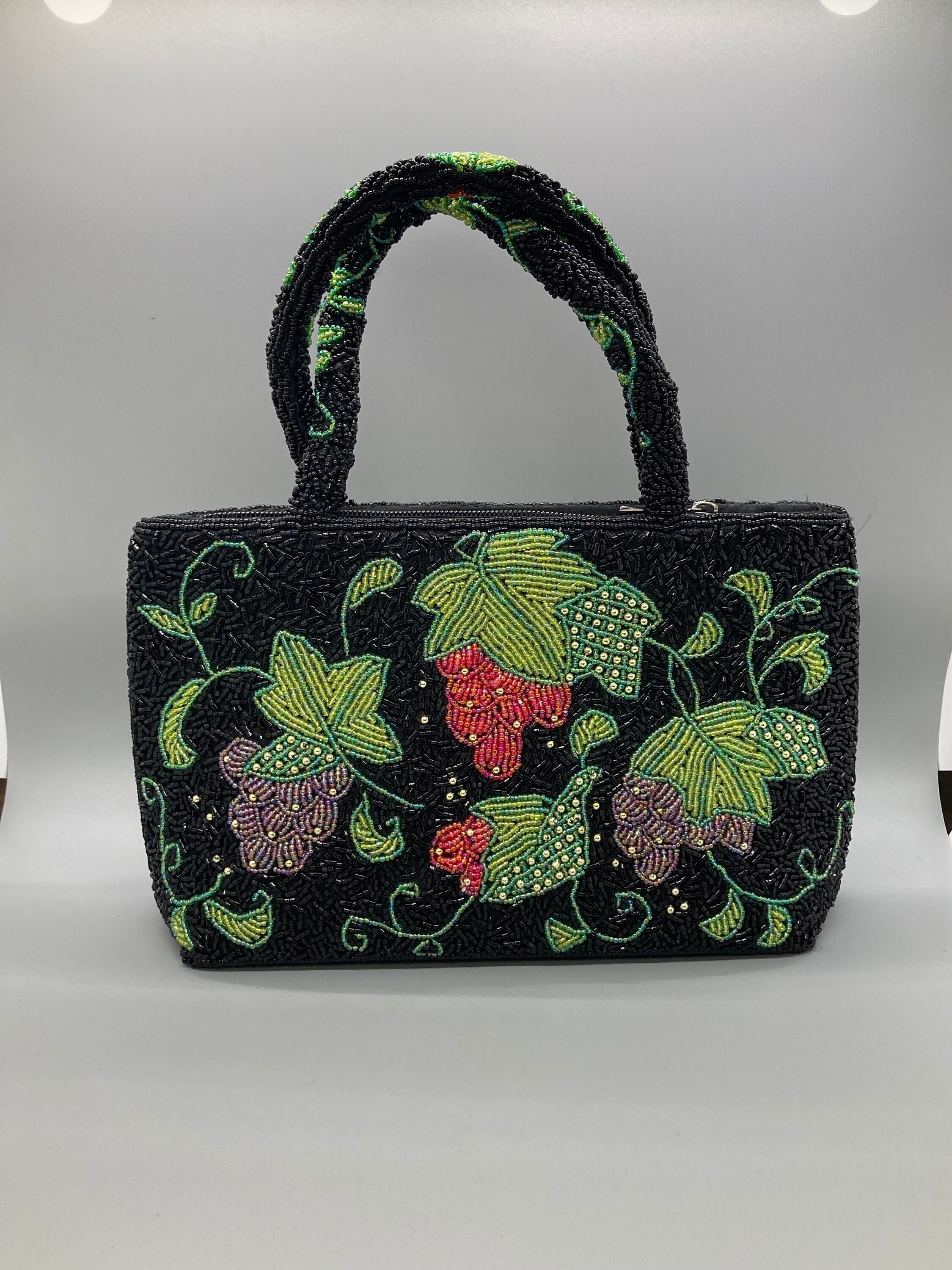 Vintage Hand Beaded Grapes and Vines on Black Purse Handbag - Etsy