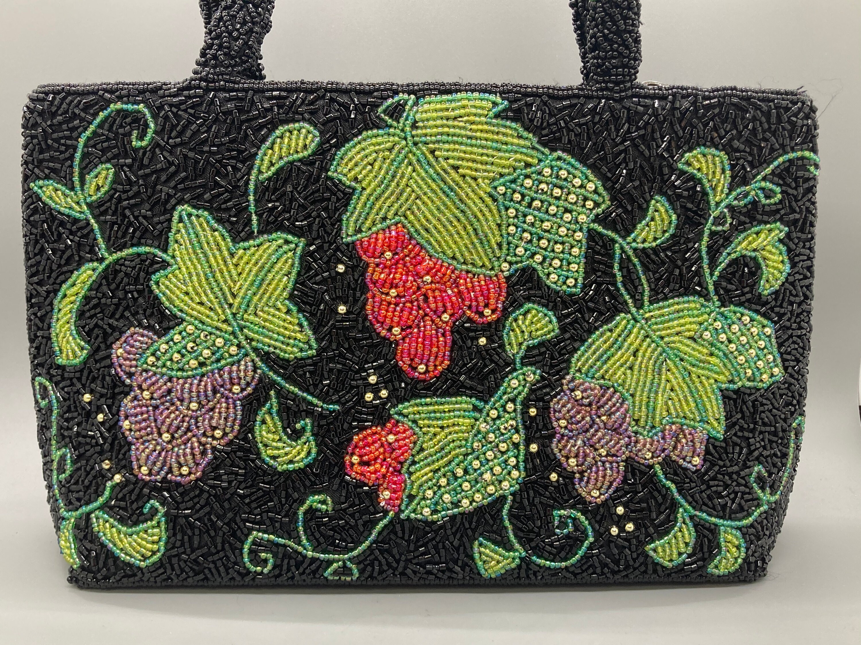 Vintage Hand Beaded Grapes and Vines on Black Purse Handbag - Etsy