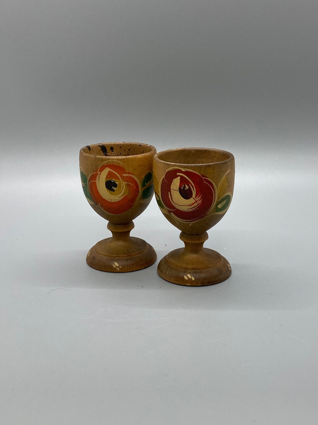 Vintage Hand Painted Wood Egg Cup Set - Etsy