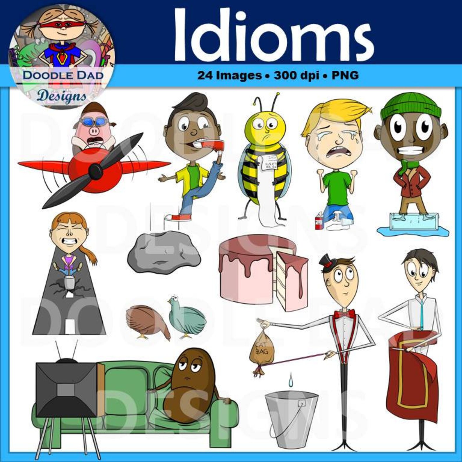 Idioms Clip Art (pigs Fly, Cat Out of Bag, Couch Potato, Piece of Cake ...