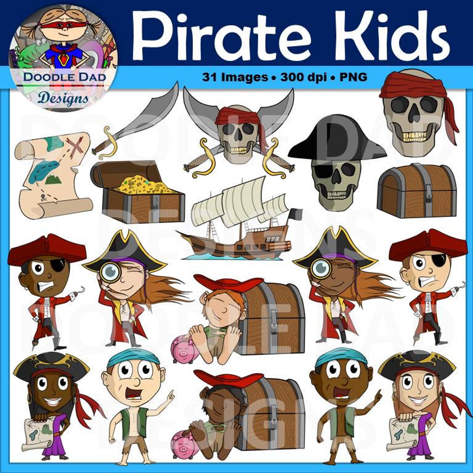 Pirate Kid Clip Art (treasure, Ship, Skull, Sword, Boat,) - Etsy