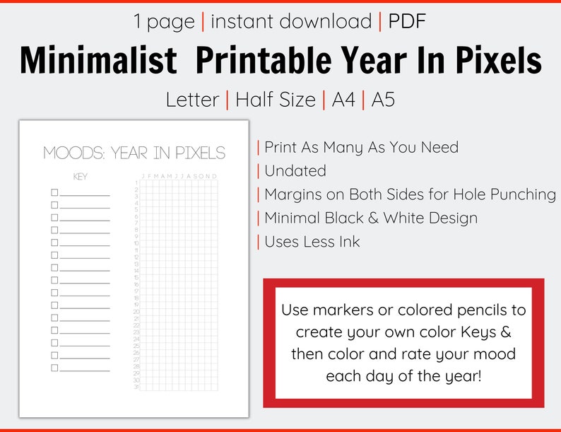 Year in Pixels Mood Tracker, Mood Tracker, A Year in Pixels, Minimalist ...