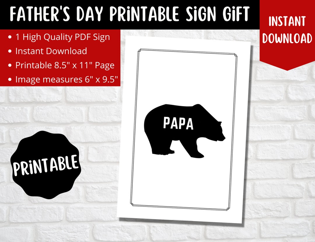Papa Bear Printable Father's Day Sign Gift, Fathers Day Gift, Fathers ...