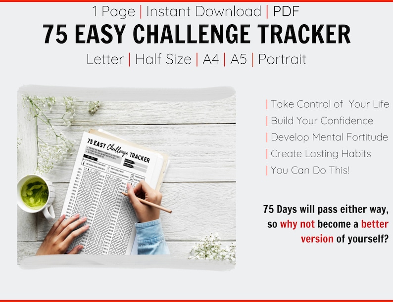 75 Easy Tracker, Portrait, 75 Easy Challenge, 75 Easy Printable, 75 Day ...