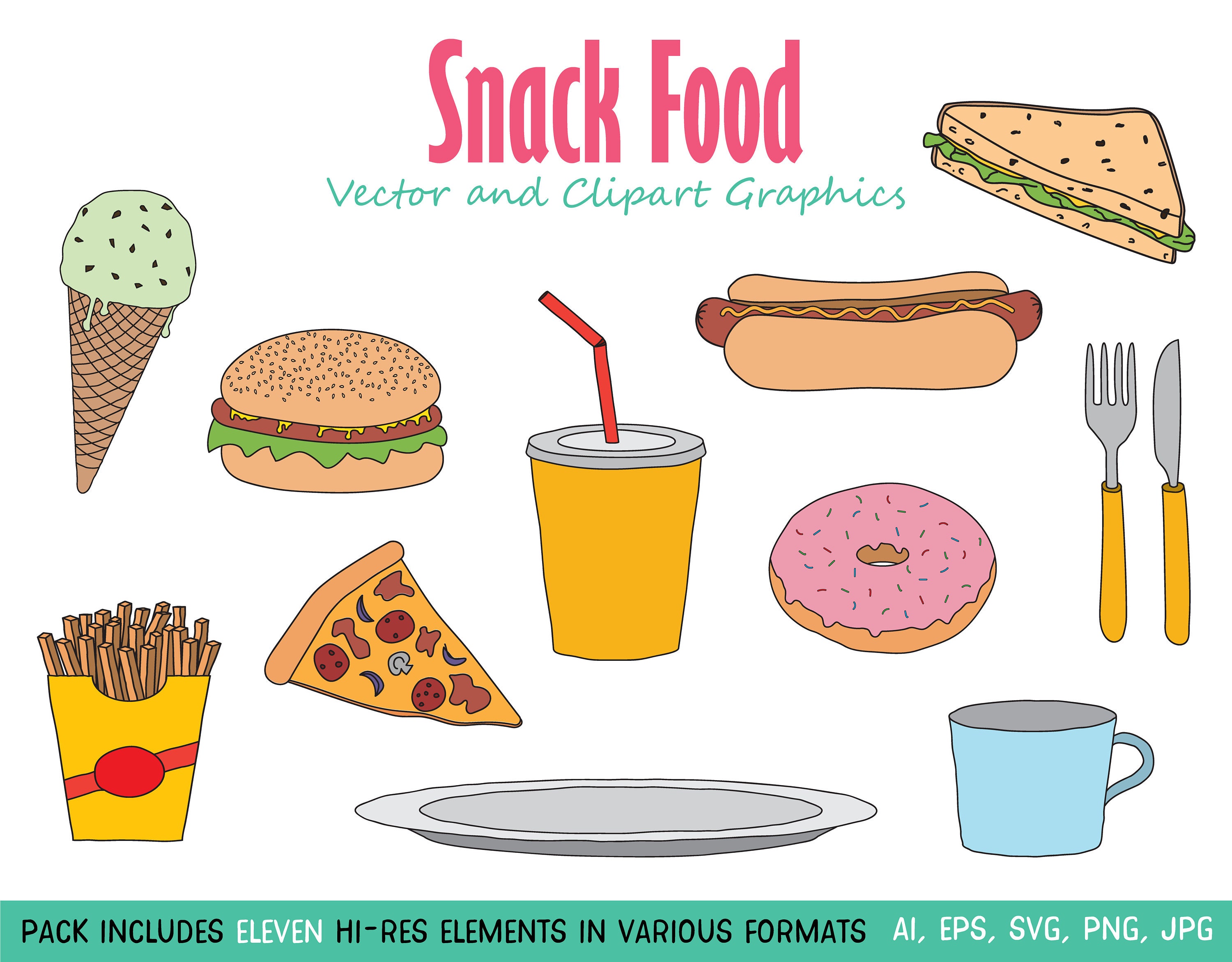 Snack food clipart set. Hand drawn clip art of fast food | Etsy