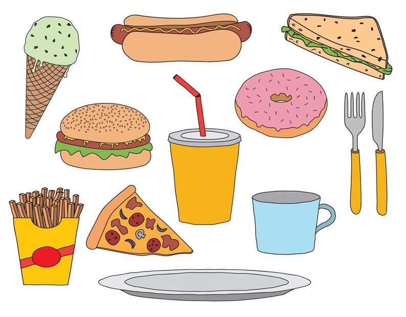 Snack Food Clipart Set. Hand Drawn Clip Art of Fast Food Snacks for ...
