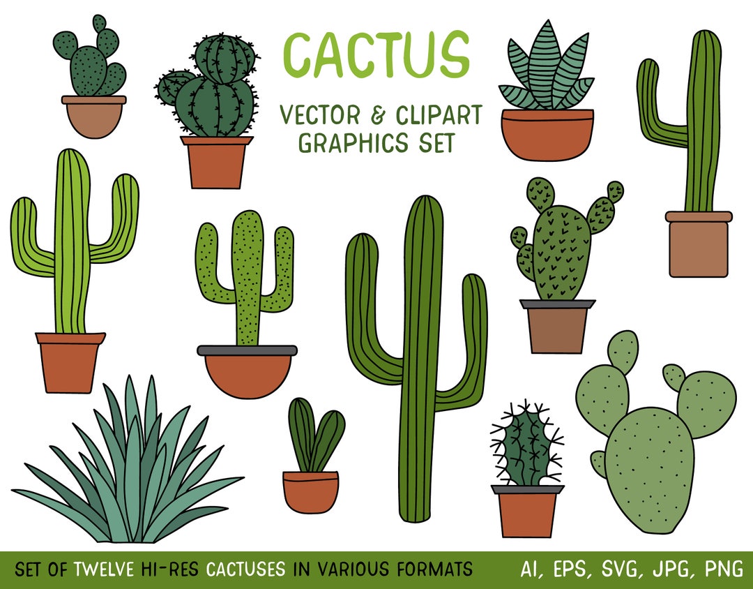 Cactus Clipart Set, Hand Drawn Clip Art Illustrations of Desert Cacti ...