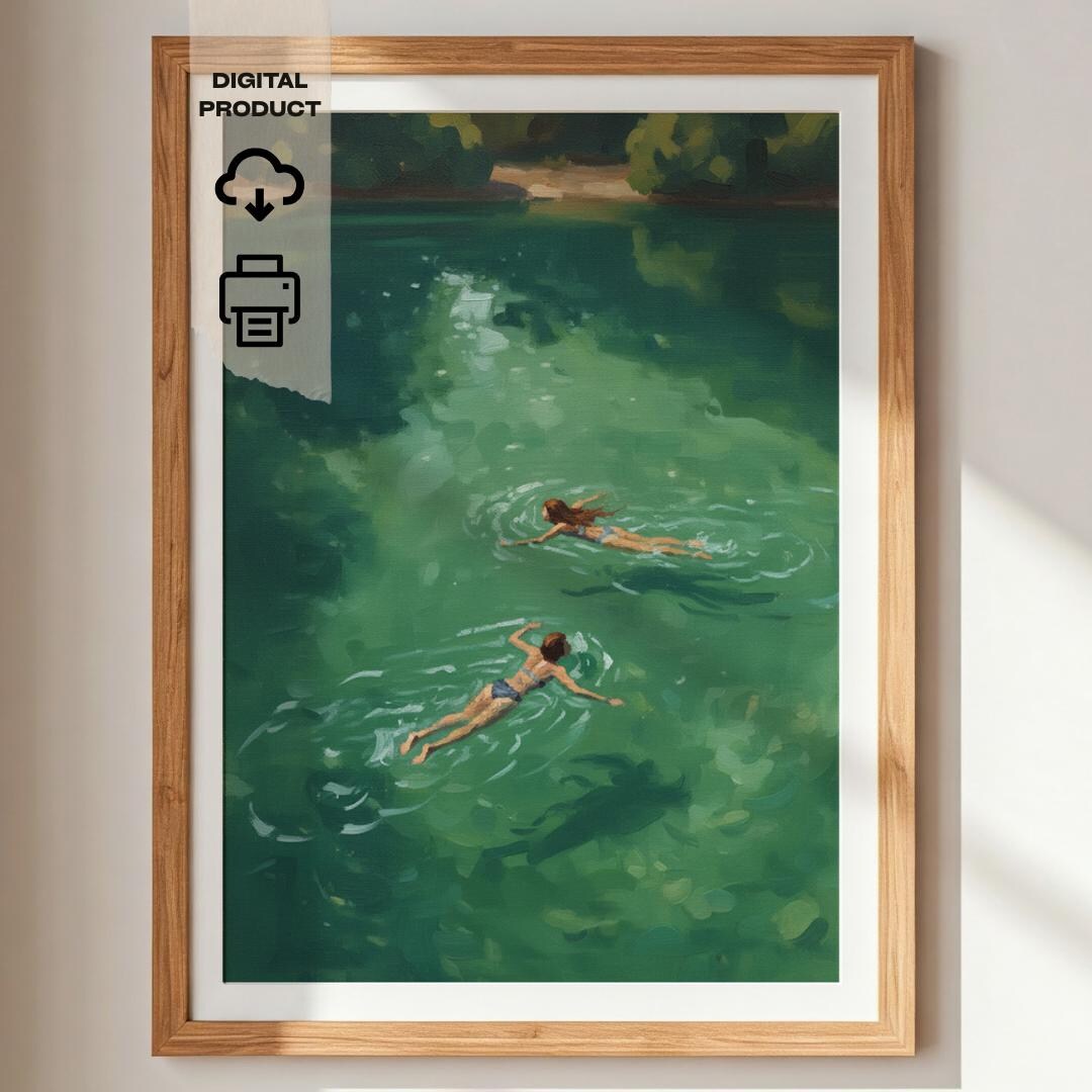 Lake Print | Vibrant Green Swimmers Art | Abstract Water Painting ...