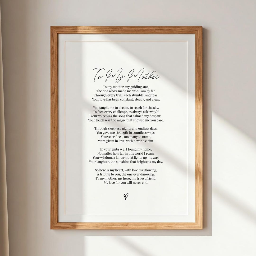 To My Mother Poem Wall Art, Heartfelt Mother's Day Sentimental Gift ...