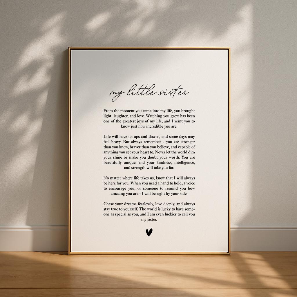 Sentimental Letter for Little Sister Birthday, Unique Wall Art (digital ...