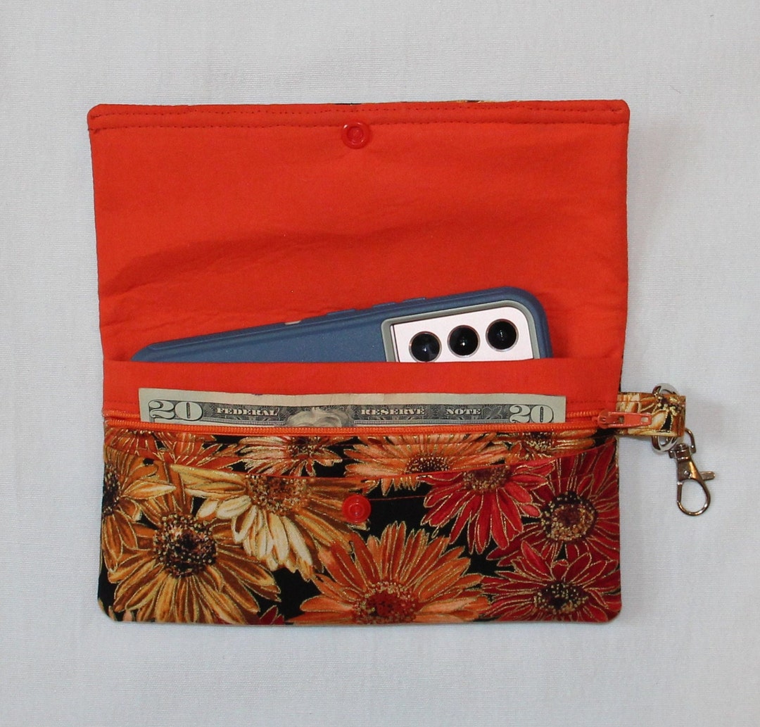 Wallet Cell Phone Case Clutch Purse Orange Flowers Drivers License ...