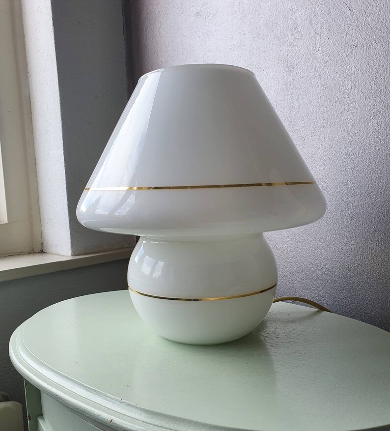 Beautiful All-glass White Mushroom Table Light With Gold | Etsy