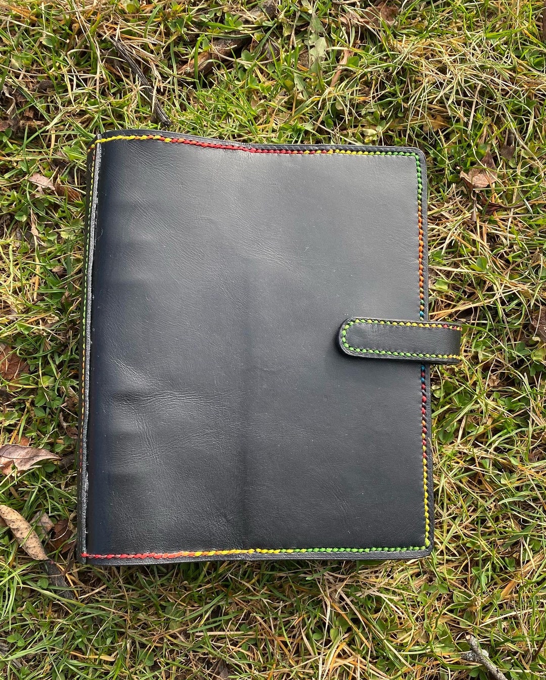 Leather Binder Notebook, Ringed Planner, Black Leather Journal, Rainbow ...