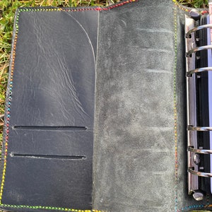 Leather Binder Notebook, Ringed Planner, Black Leather Journal, Rainbow ...