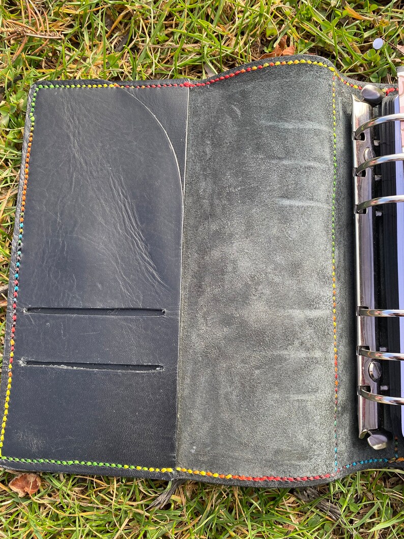Leather Binder Notebook, Ringed Planner, Black Leather Journal, Rainbow ...