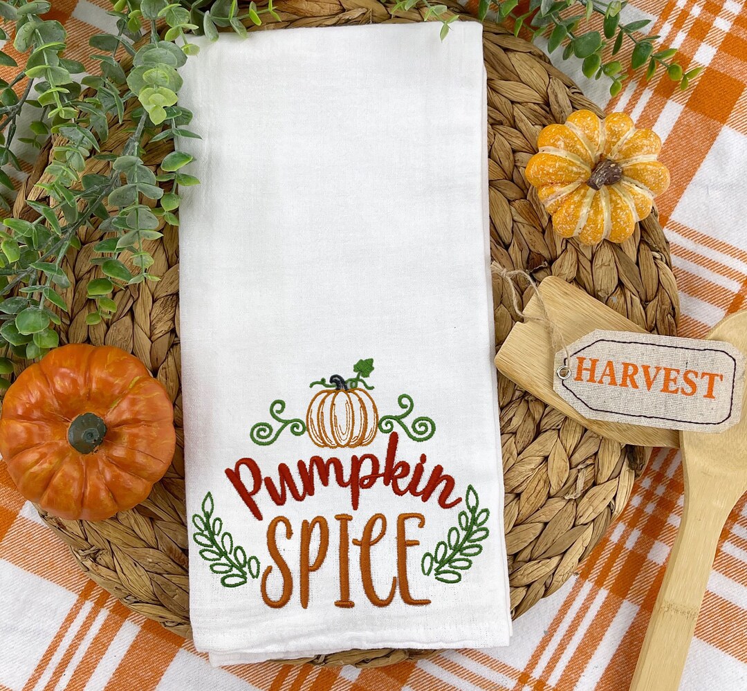 Embroidered Fall Tea Towels, Pumpkin Spice Dish Towel, Decorative ...