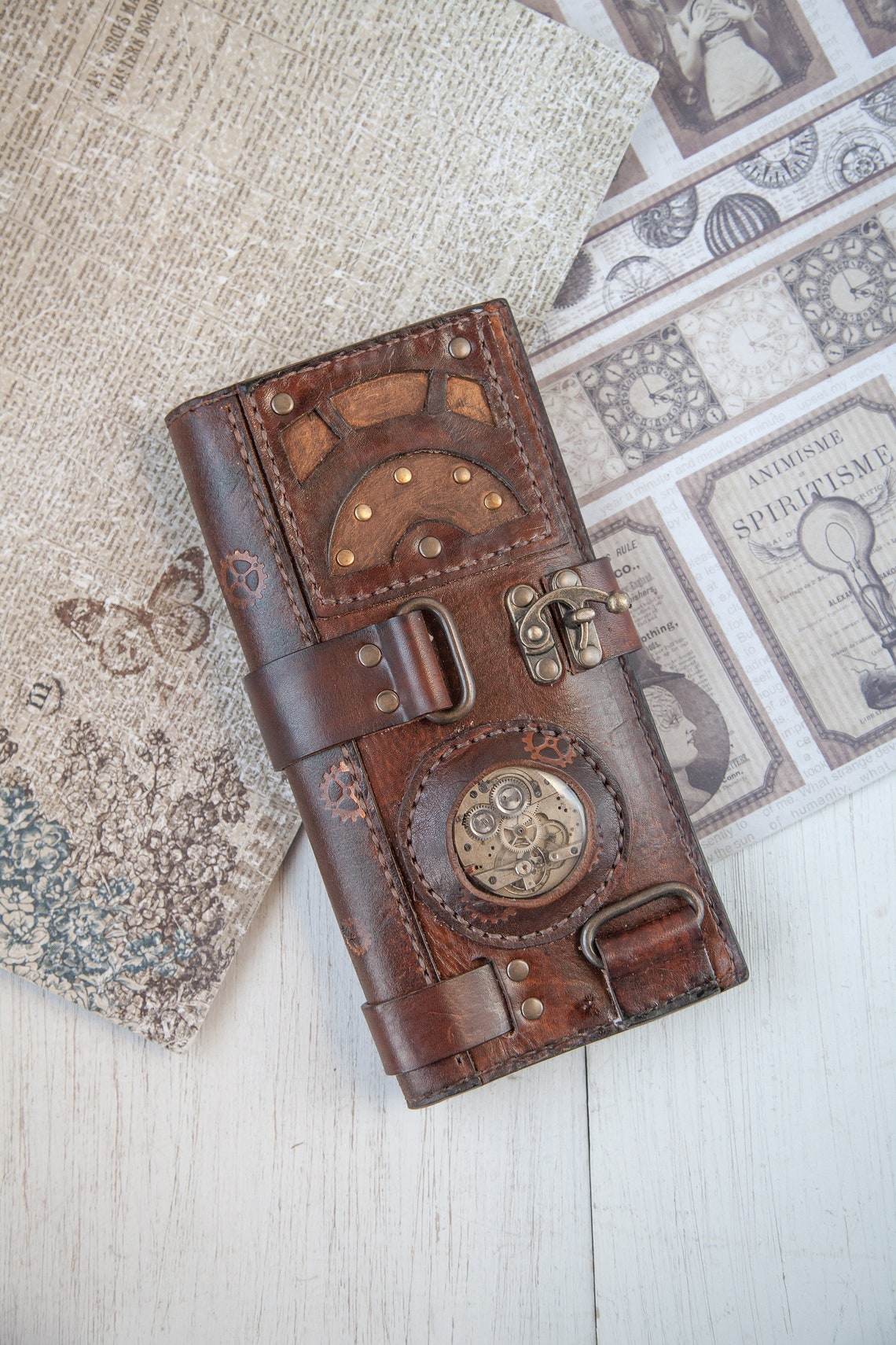 Steampunk leather wallet with parts of a mechanical watch | Etsy