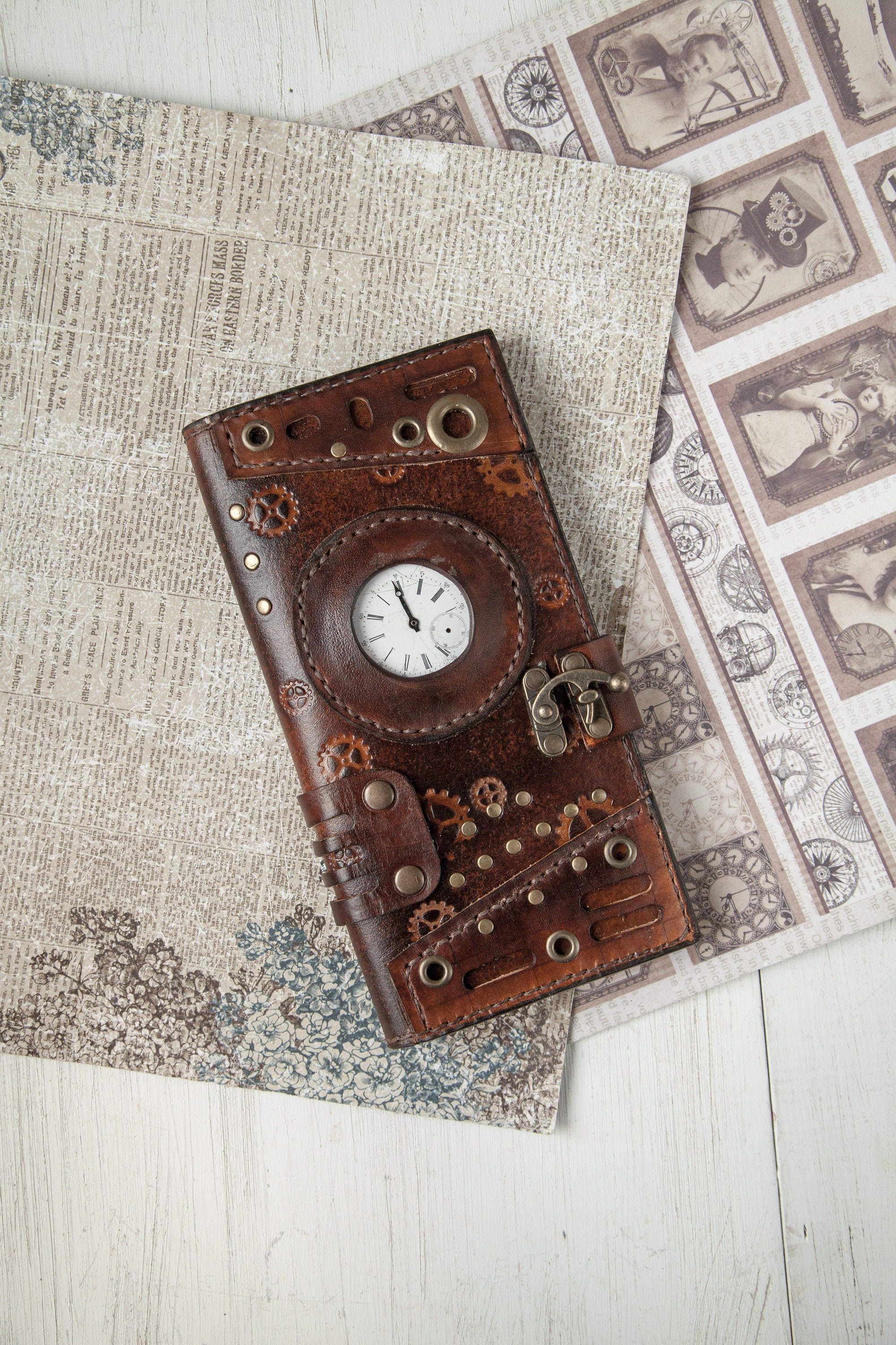 Steampunk hand bag leather wallet with parts of a mechanical | Etsy