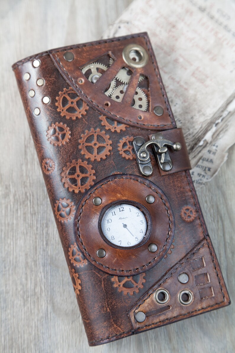 Steampunk hand bag leather wallet with parts of a mechanical | Etsy