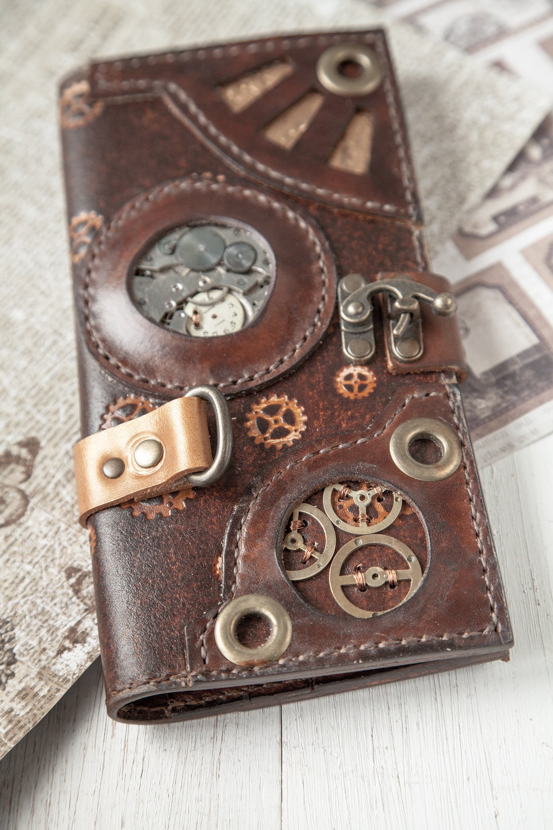 Steampunk wallet Travel Large Purse Long Leather Wallet | Etsy