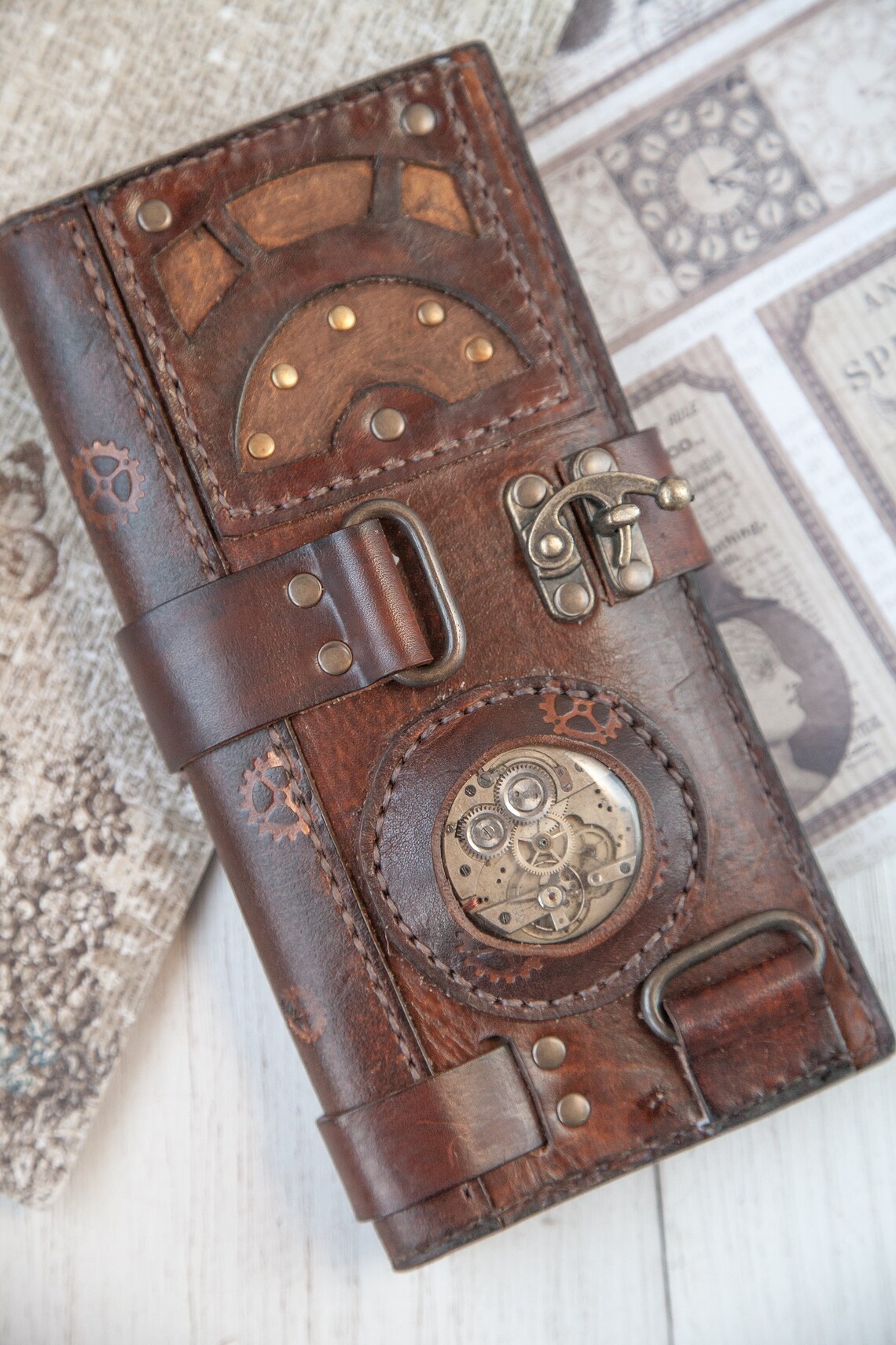 Steampunk leather wallet with parts of a mechanical watch | Etsy