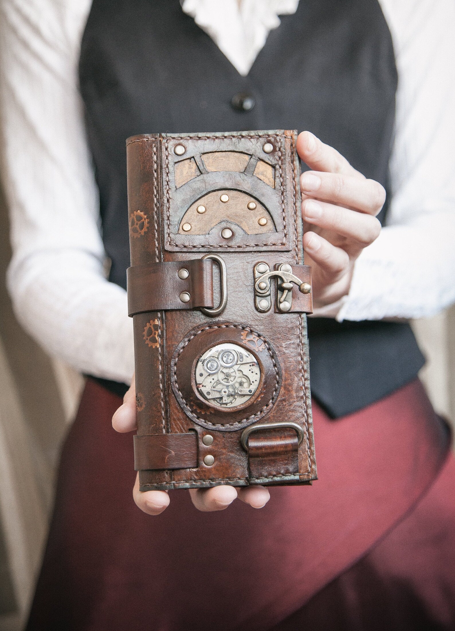 Steampunk leather wallet with parts of a mechanical watch | Etsy