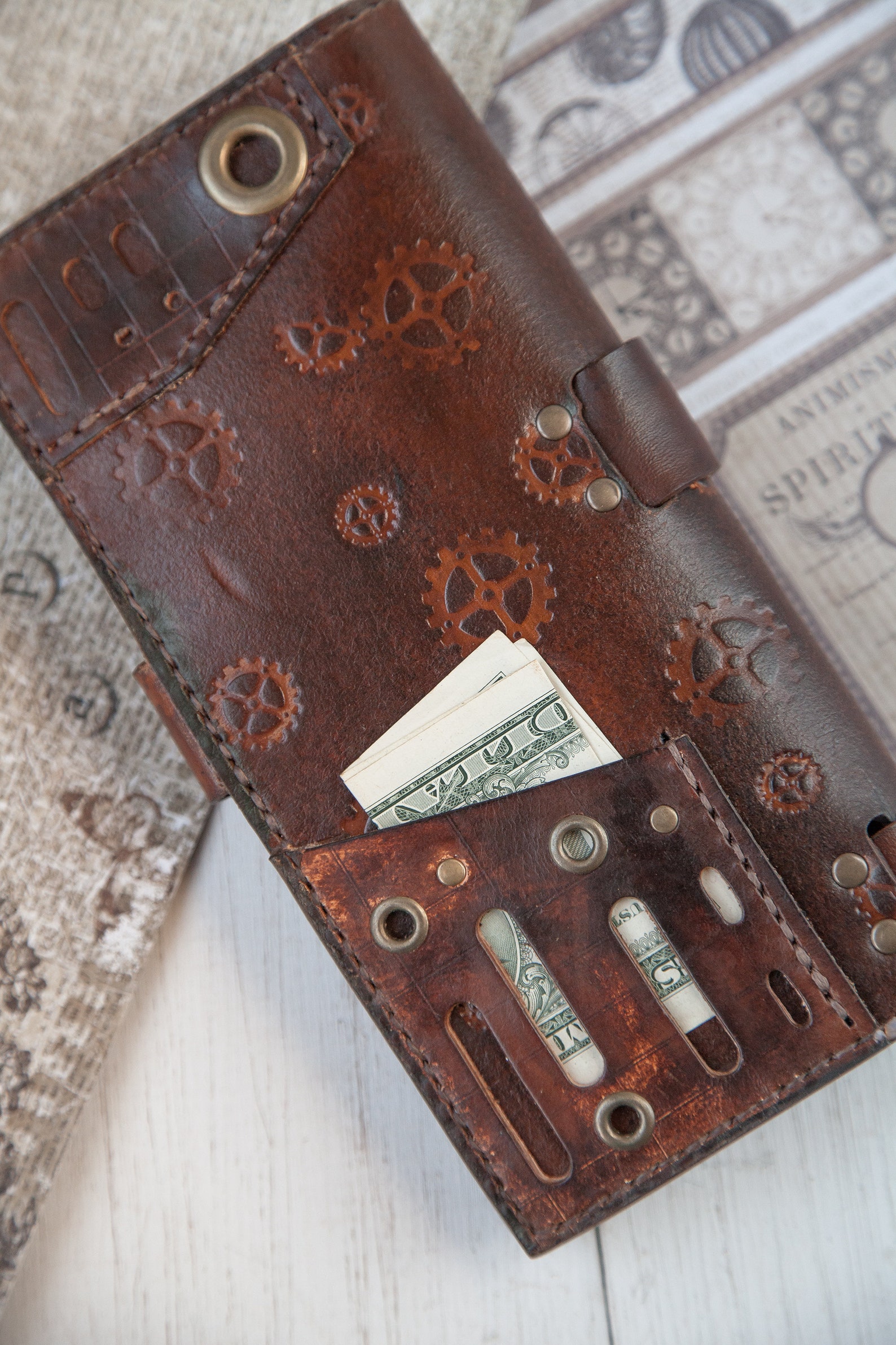 Steampunk leather wallet with parts of a mechanical watch | Etsy