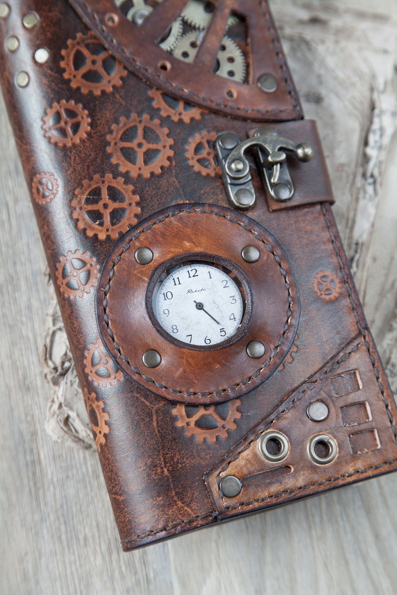 Steampunk hand bag leather wallet with parts of a mechanical | Etsy