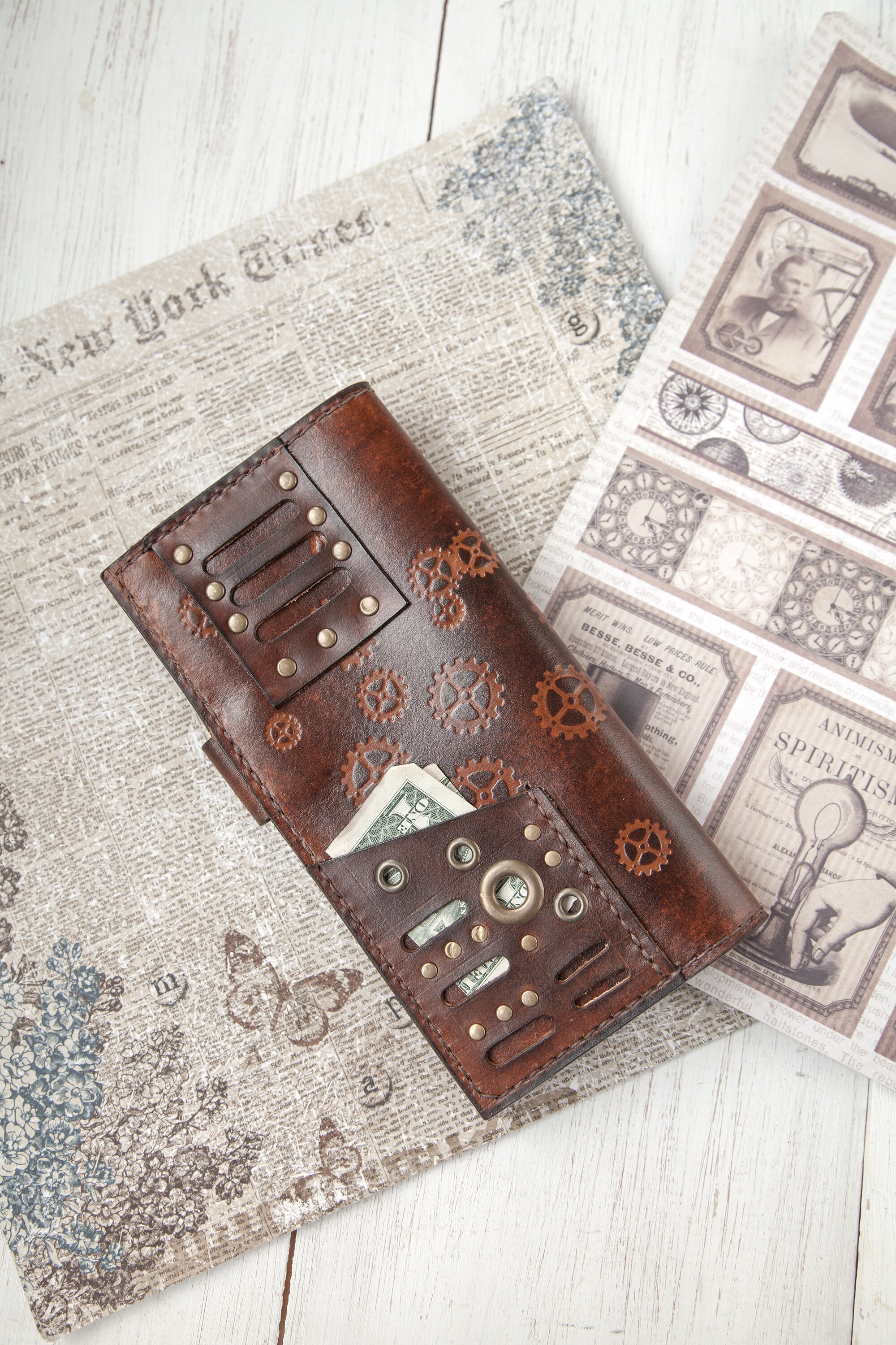 Steampunk hand bag leather wallet with parts of a mechanical | Etsy