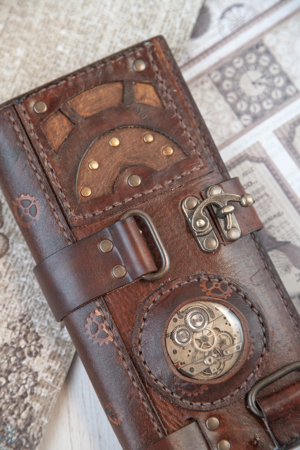 Steampunk leather wallet with parts of a mechanical watch | Etsy