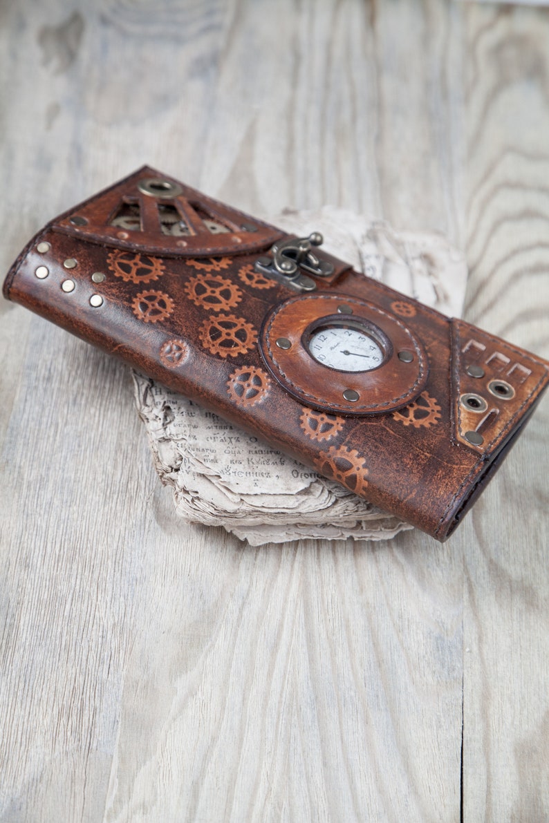 Steampunk hand bag leather wallet with parts of a mechanical | Etsy
